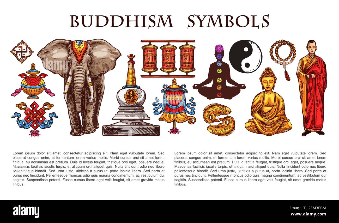 Buddhism religion and culture symbols, characters. Vector Buddha and ...