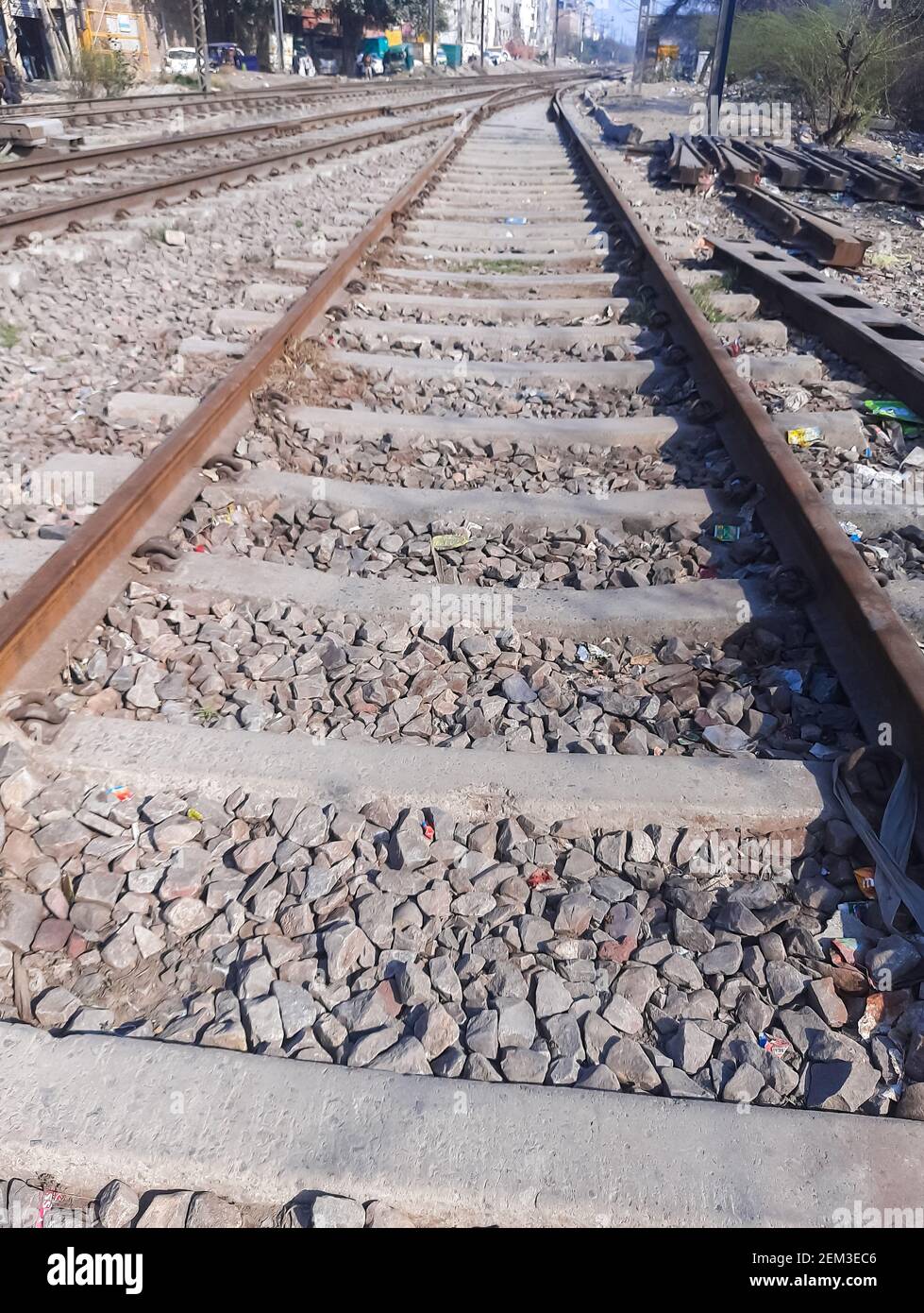 View of Railway Tracks from the middle during day time in Delhi India ...