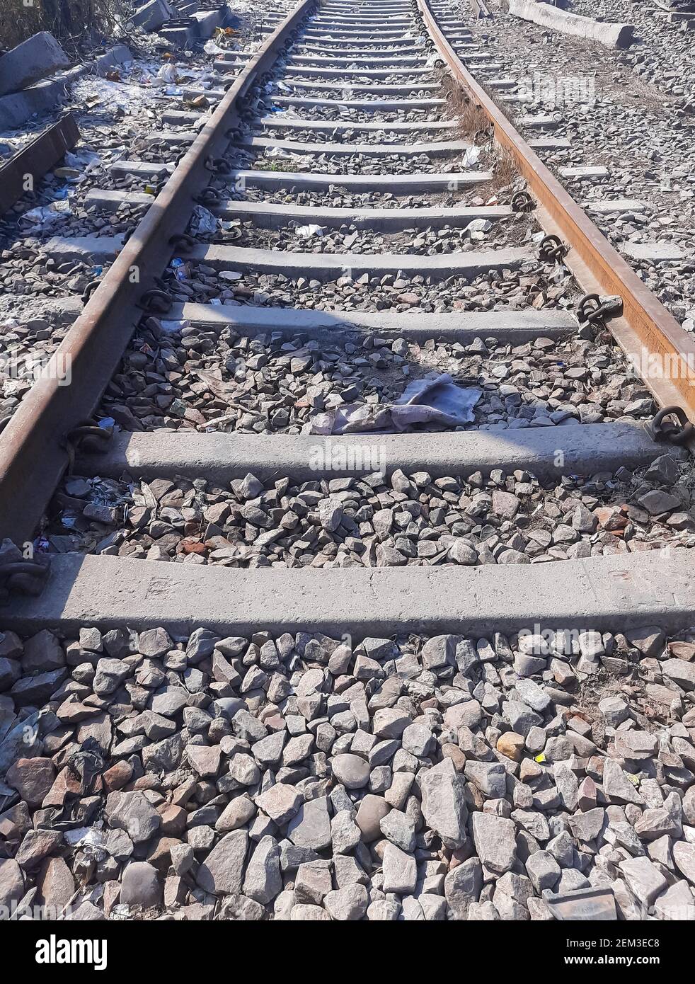 View of Railway Tracks from the middle during day time in Delhi India ...