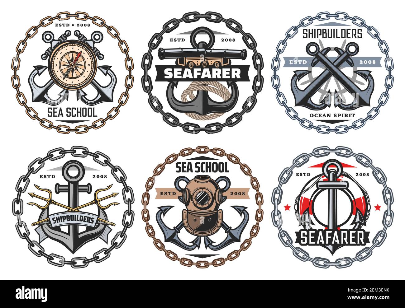 Nautical ship anchor and vintage aqualung icons, ocean spirit and ...