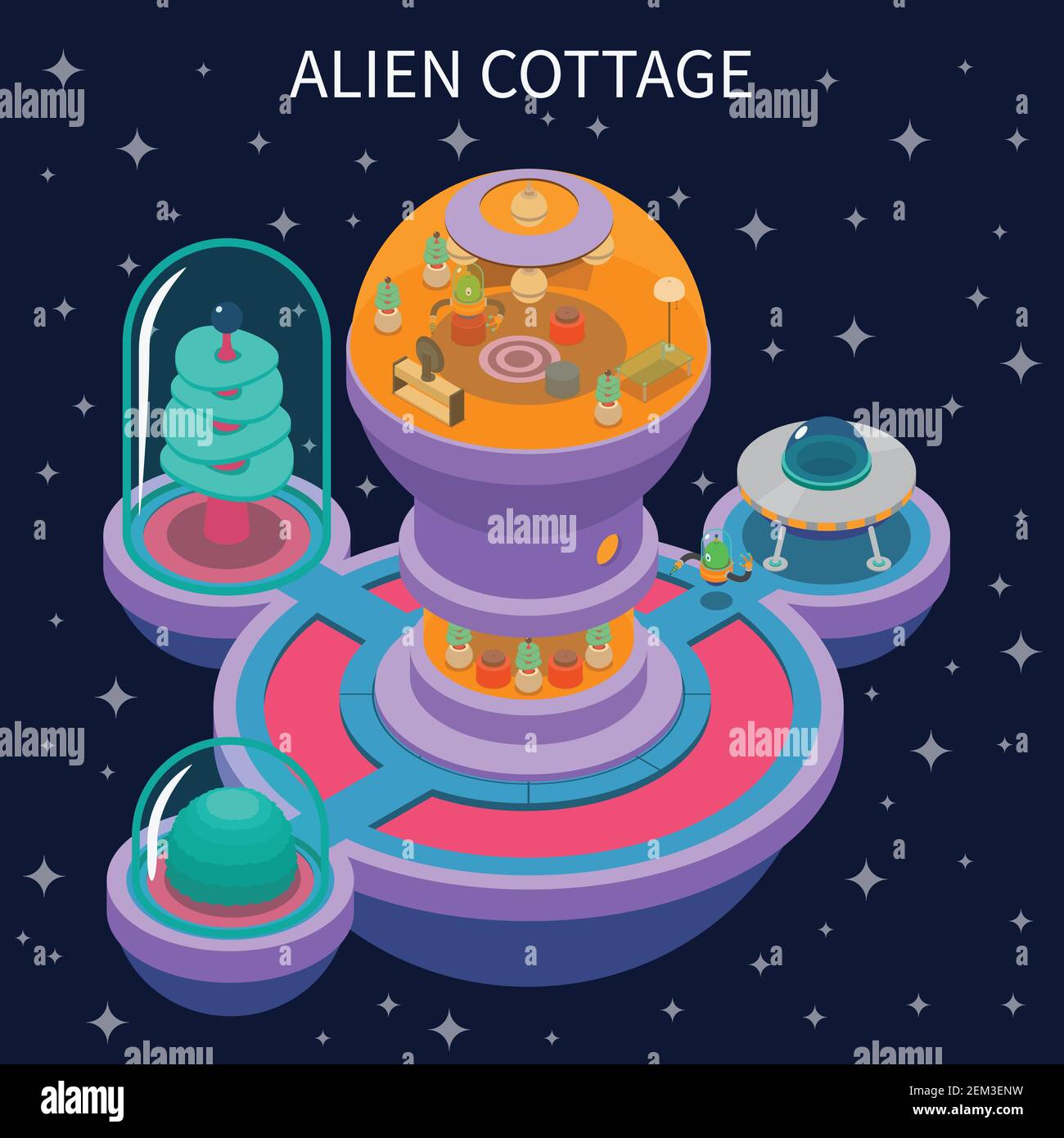 Isometric composition with colorful alien cottage and its interior on ...