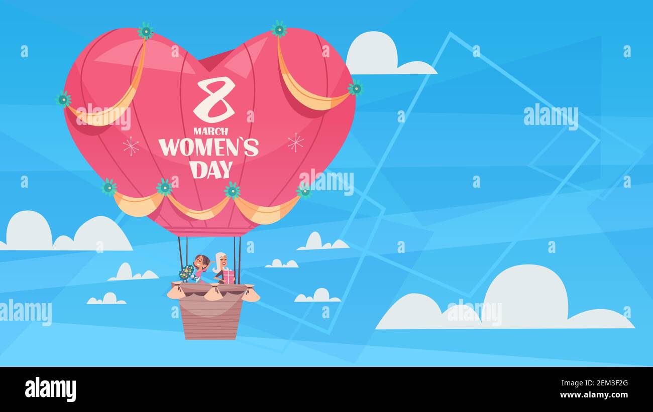 happy girls flying in hot air balloon womens day 8 march holiday ...