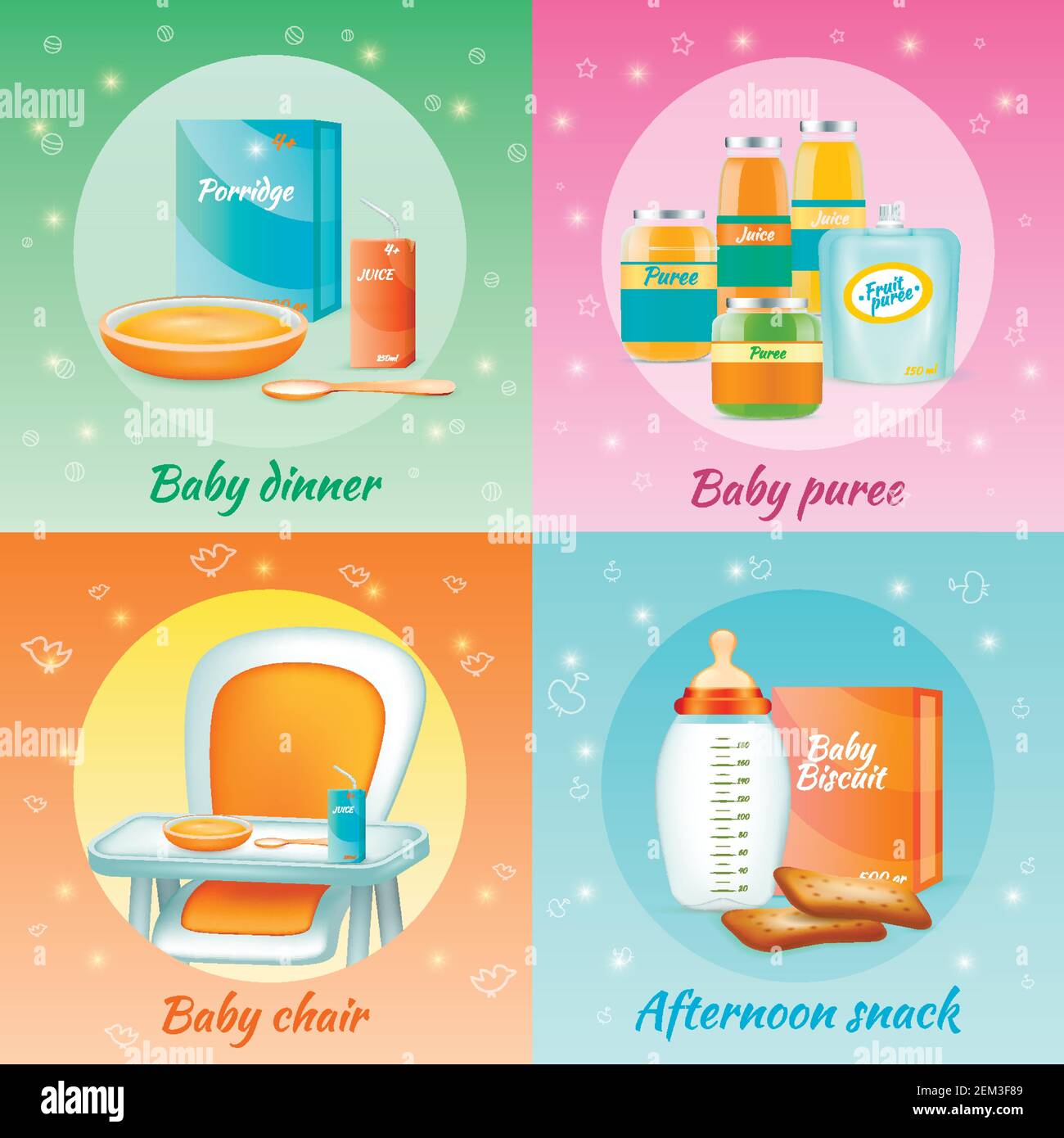 Baby food 2x2 realistic 3d set of colourful compositions with baby ...