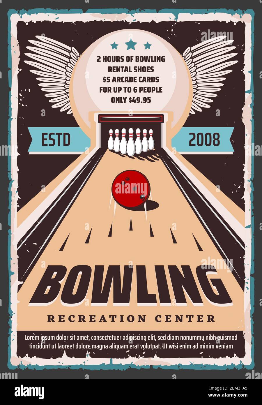 Bowling center retro grunge poster, sport club and leisure games ...