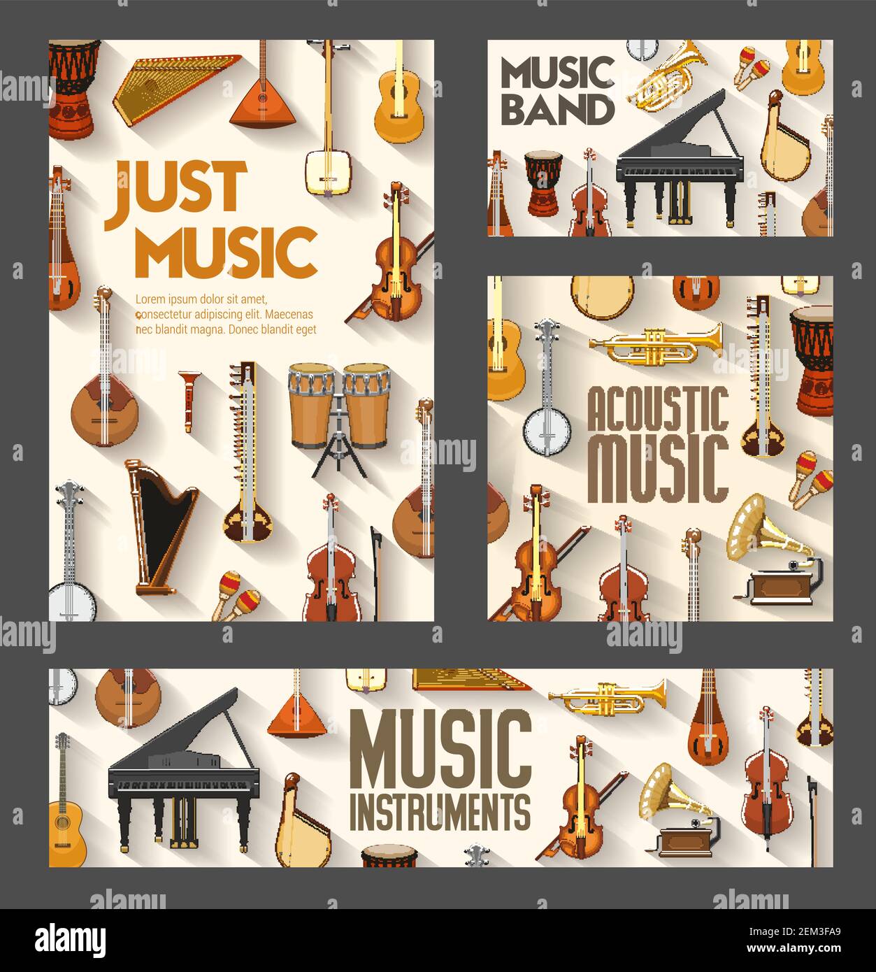 Classic orchestra, jazz and folk music instruments posters. Vector ...