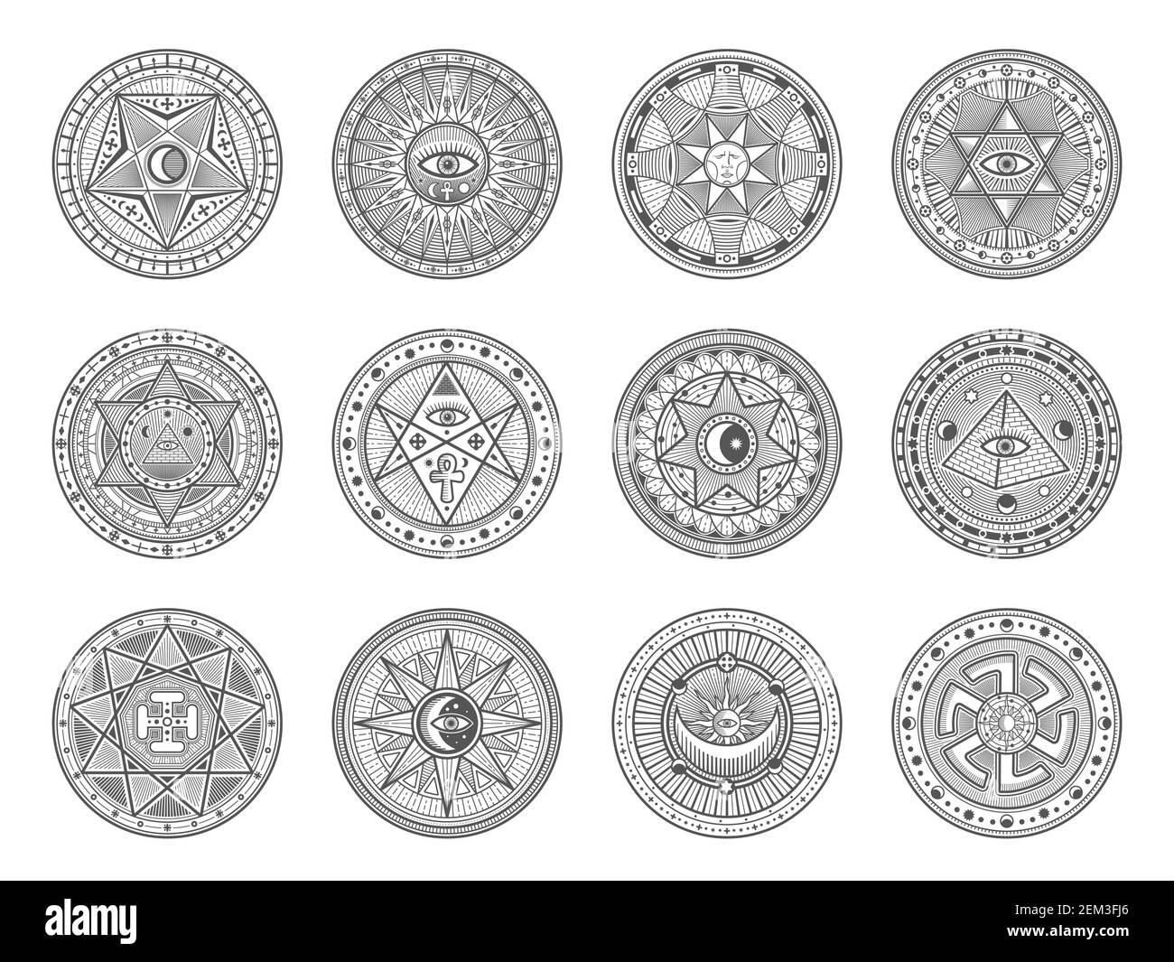 Occult, alchemy and astrology icons, occultism and sacred religion ...