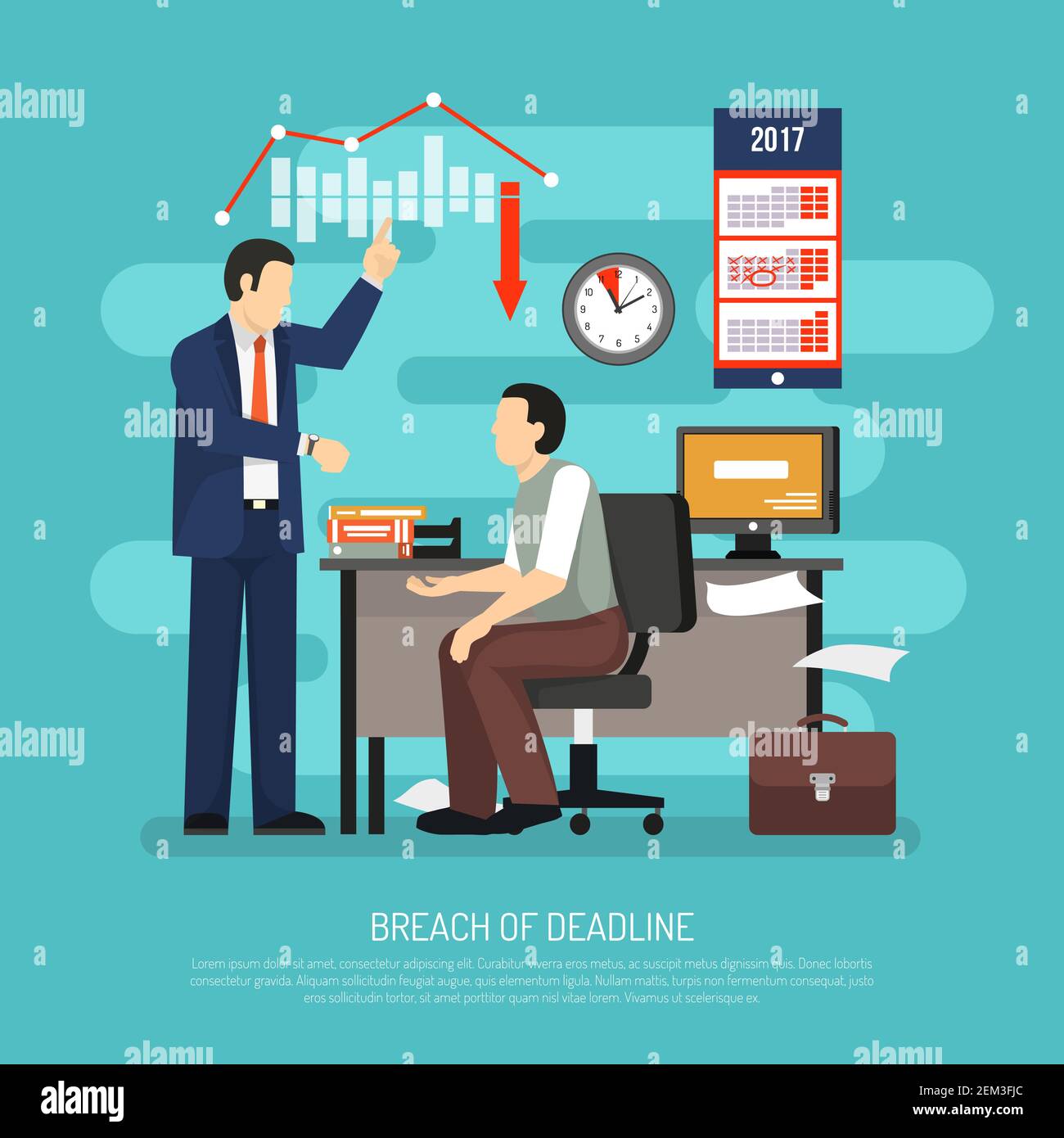 Deadline flat composition with elements of office equipment with icons ...