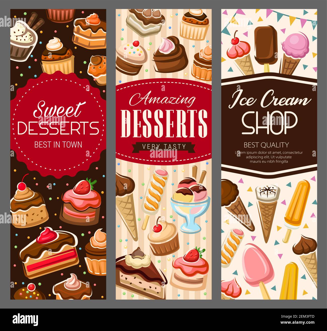 Desserts, cakes and pastry sweet cupcakes, patisserie banners. Vector ...