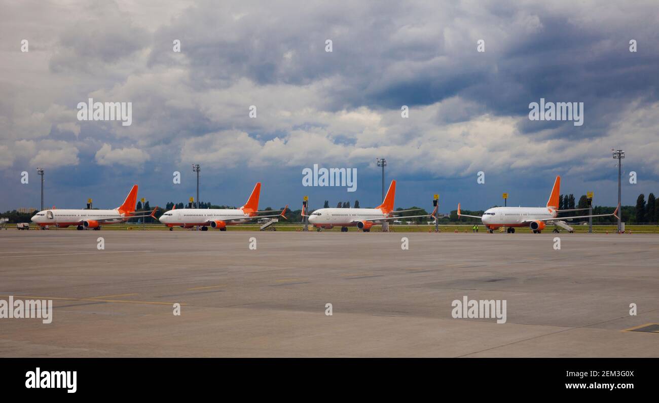Airport with a lot of aircraft. Airplane on the platform International ...