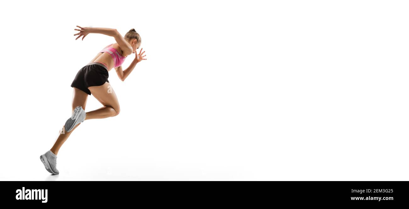 Flyer. Caucasian professional female athlete, runner training isolated ...
