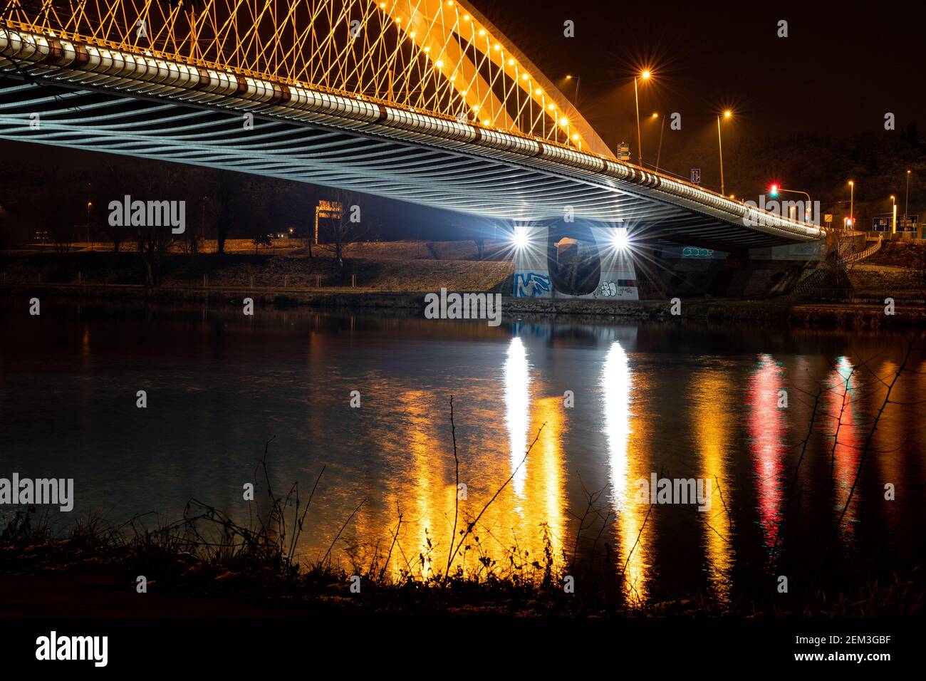 Modern bridge with lights above river. Nice cityscape architecture ...