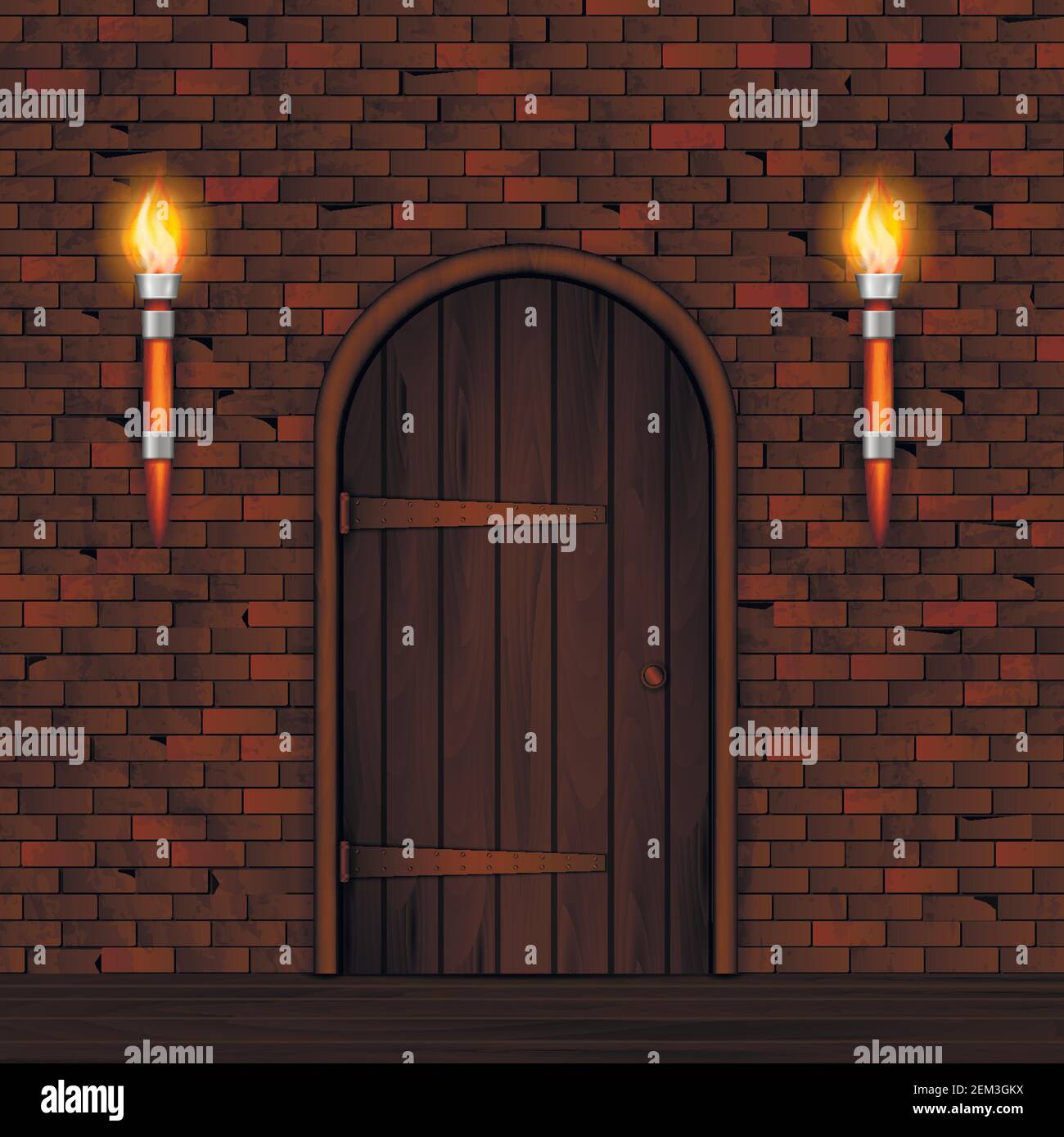 Entrance doors facade realistic 3d composition with brick wall two ...