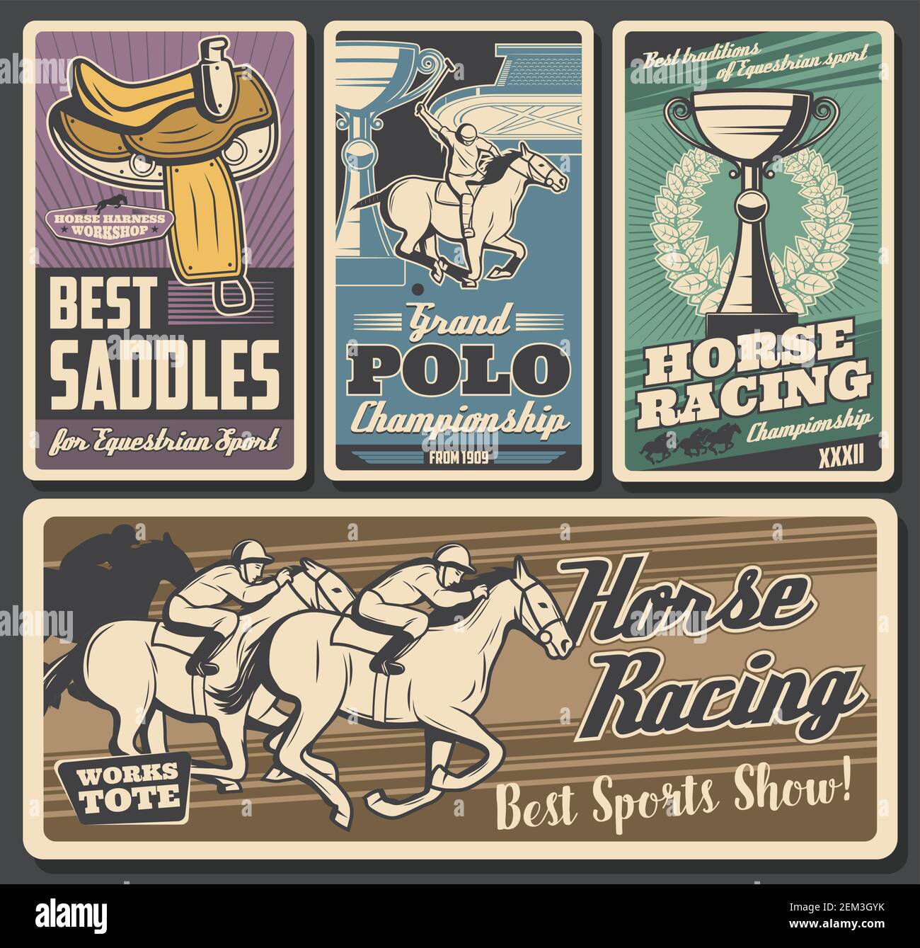 Horse racing, polo. Equestrian sport retro vector cards. Riding club ...