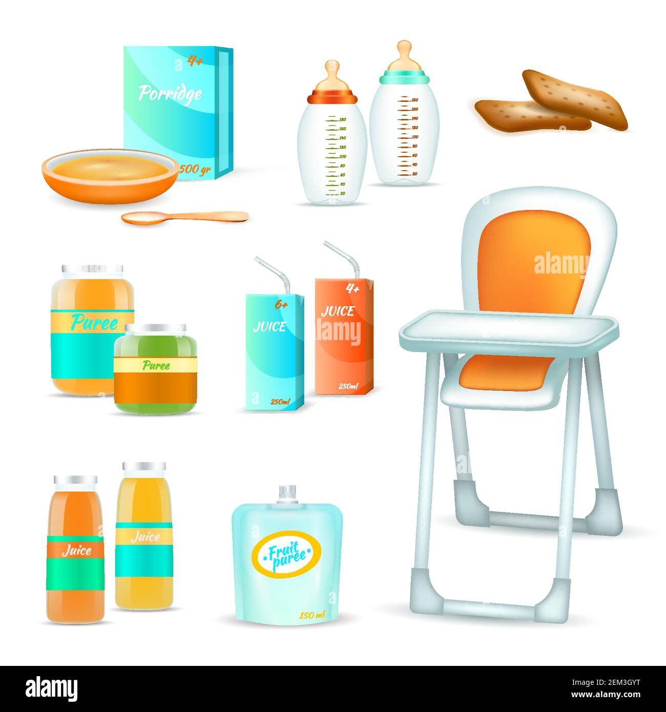 Baby food realistic 3d set of isolated childhood nutrition icons and ...