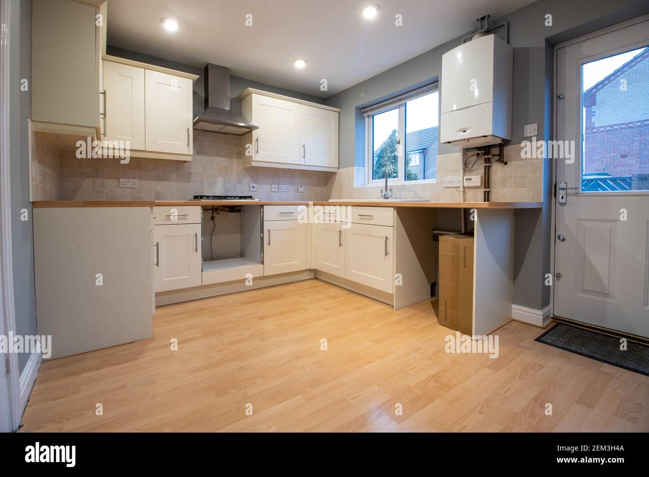A brand new modern British home showing the Kitchen with a missing ...