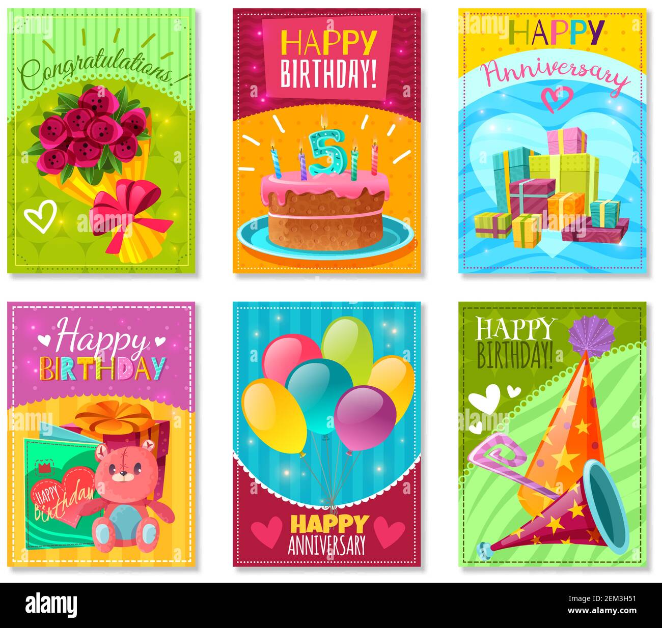 Set of celebration birthday greeting cards with congratulations and ...
