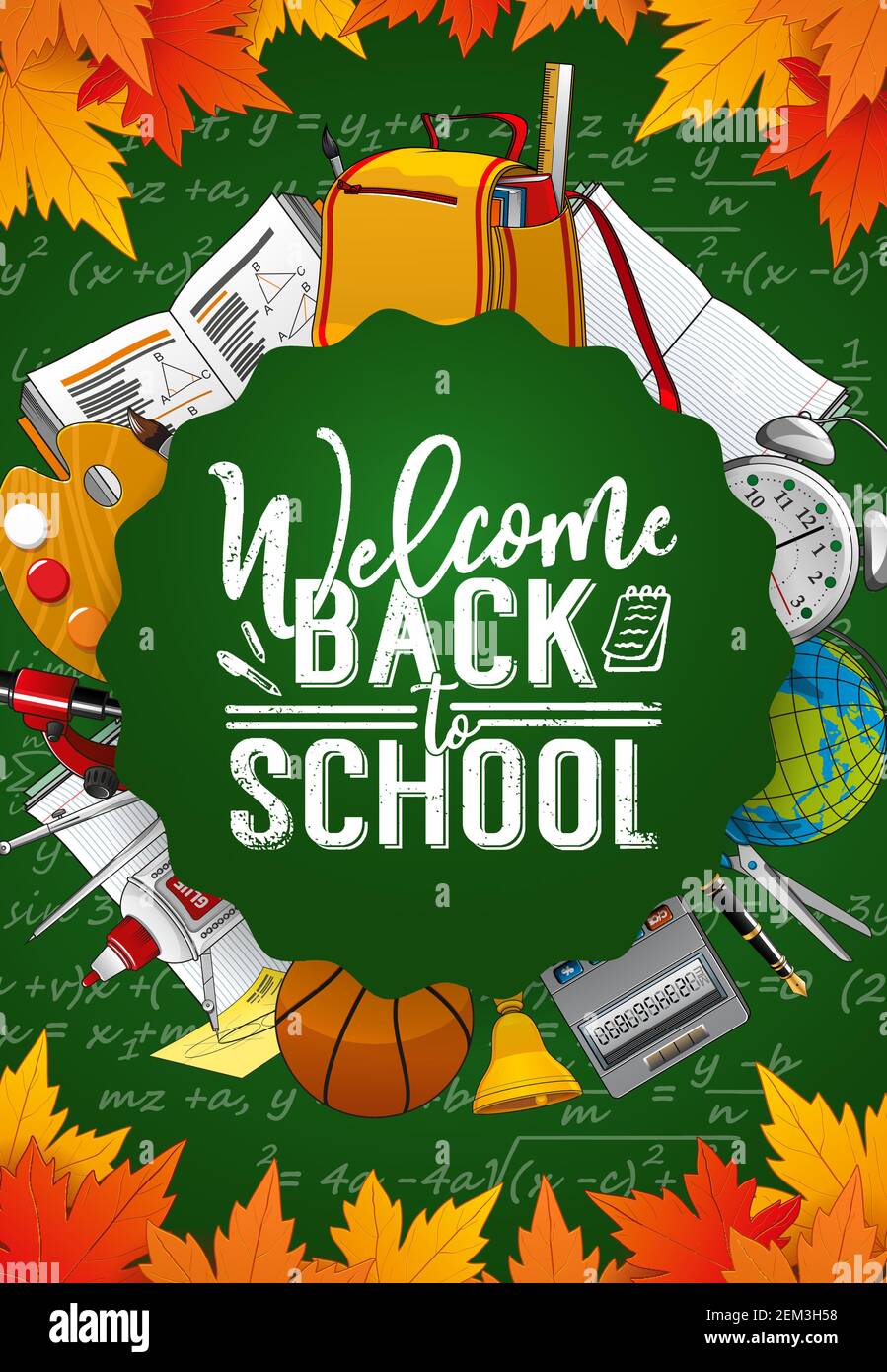 Welcome back to school, green chalkboard poster with student education ...