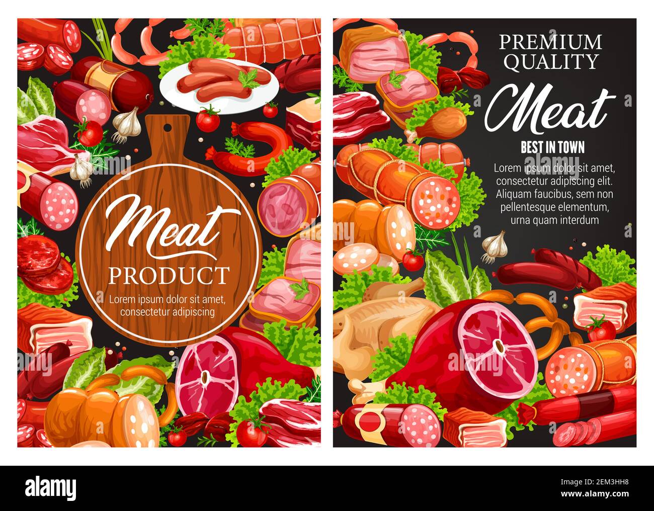 Butcher shop meat food and sausages, butchery and farmer products ...