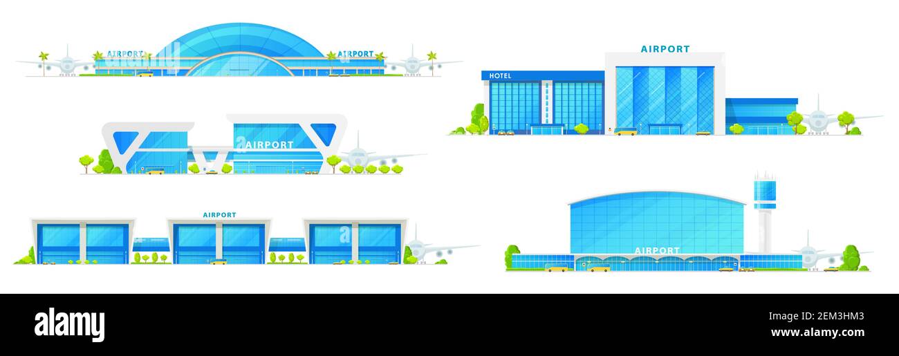 Airport glass facade terminal building icons, airplane runway and ...