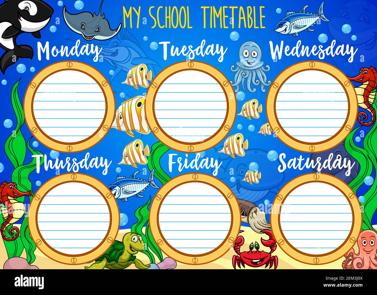 School timetable, cartoon underwater and ship porthole windows frames ...