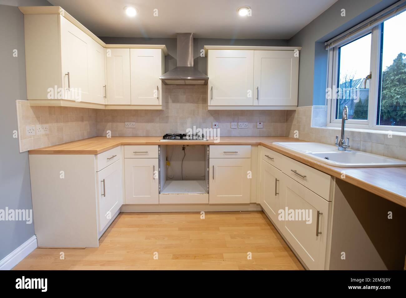 A brand new modern British home showing the Kitchen with a missing ...