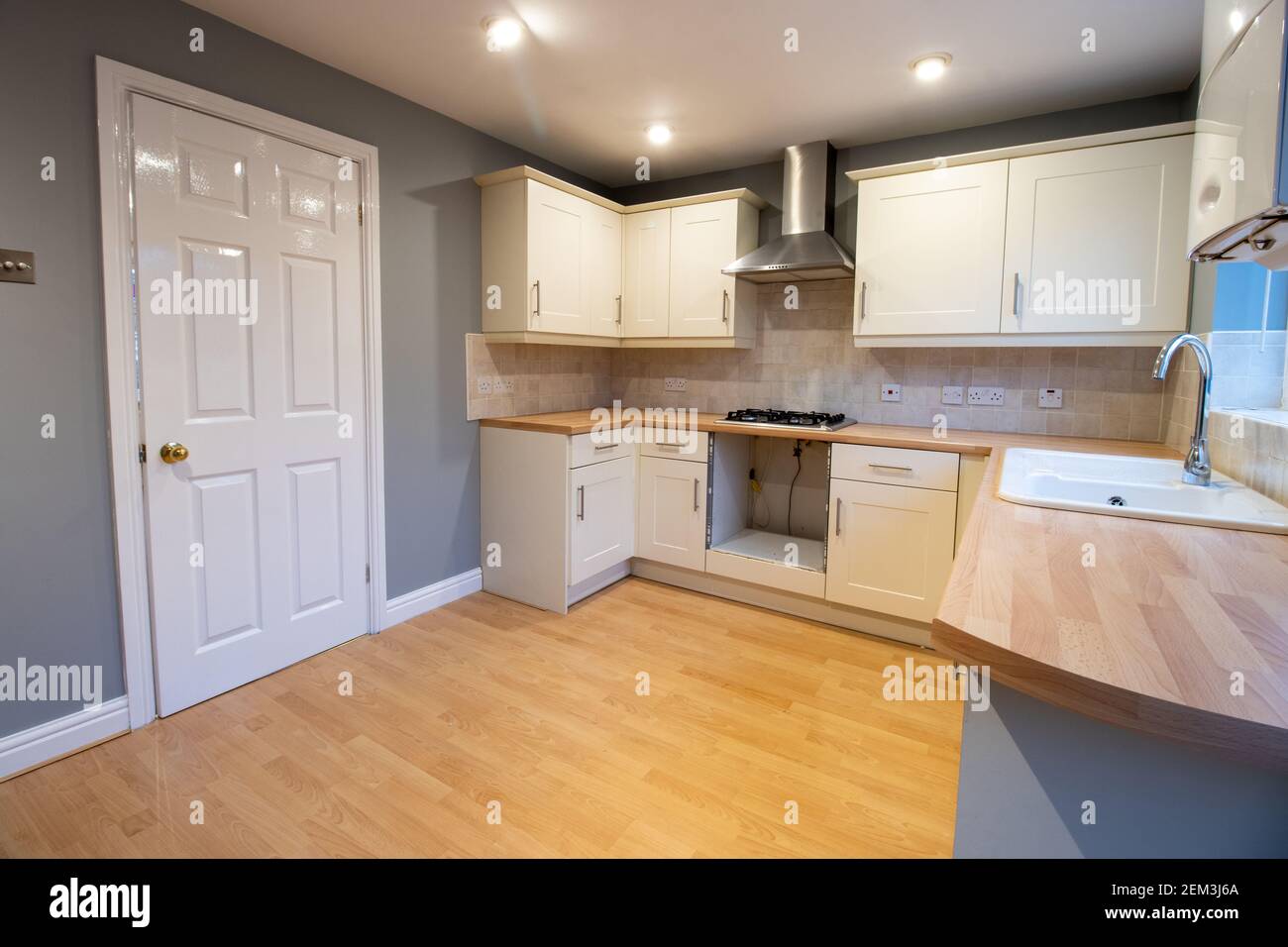 A brand new modern British home showing the Kitchen with a missing ...