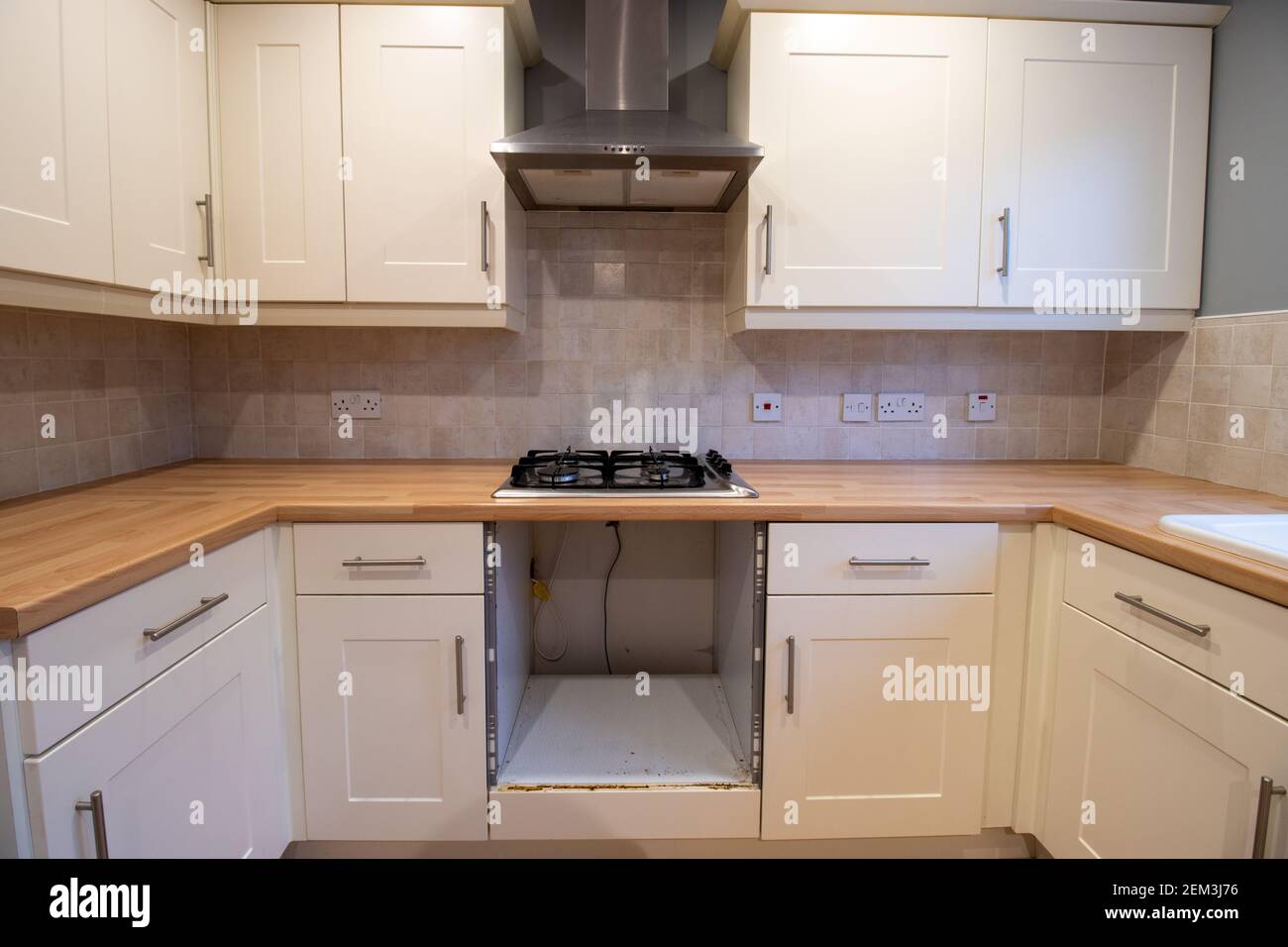 A brand new modern British home showing the Kitchen with a missing ...
