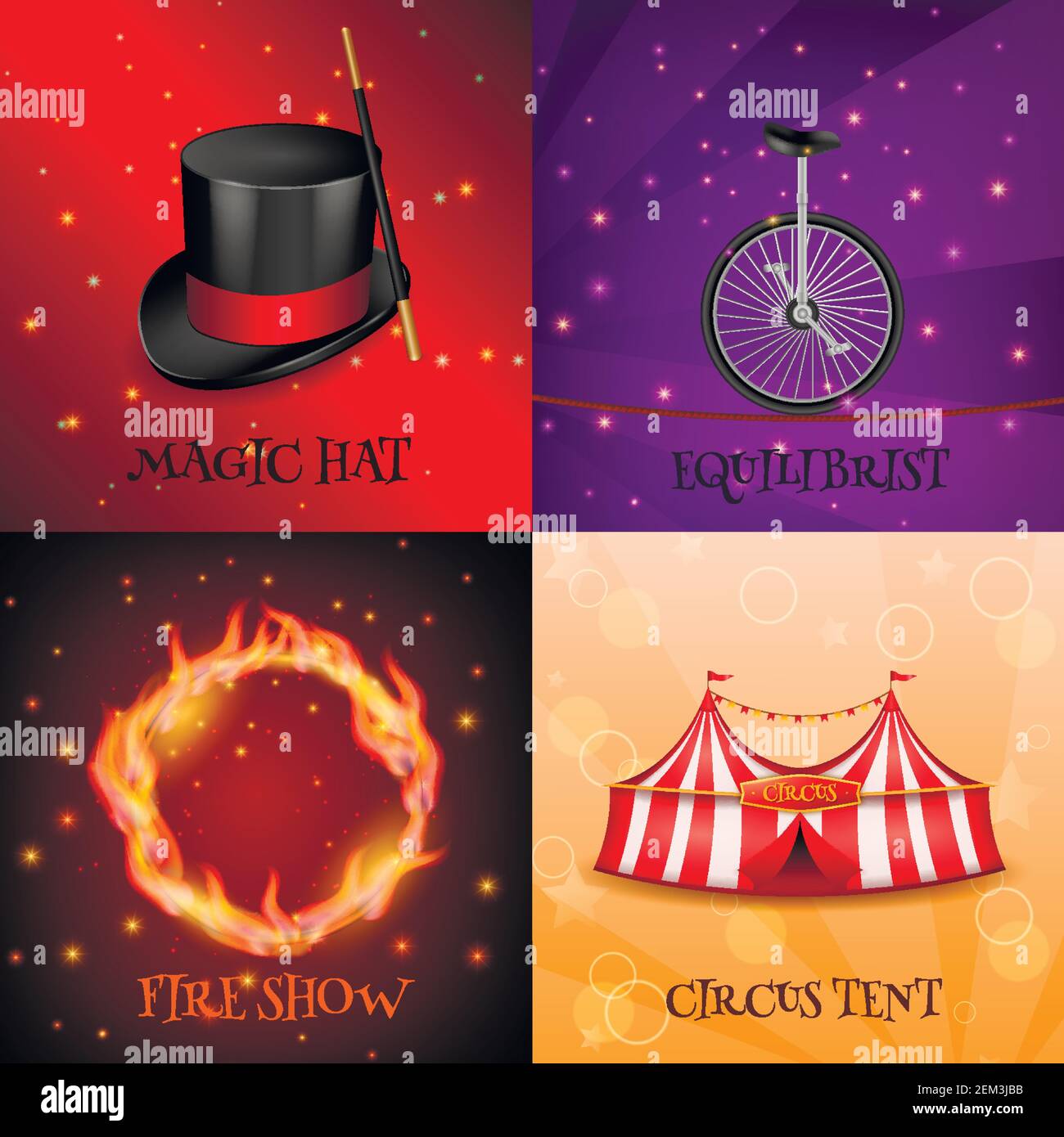 Circus 2x2 realistic 3d design concept with four backgrounds for magic ...