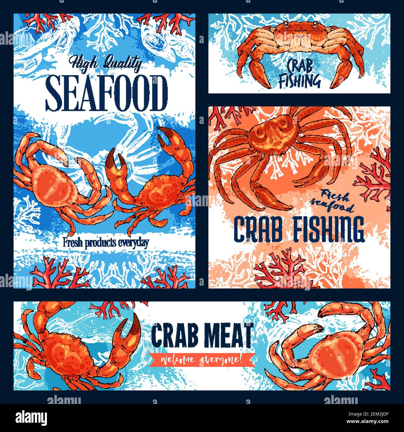 Seafood, crab fishing and meat of crustacean animal. Vector sketch ...