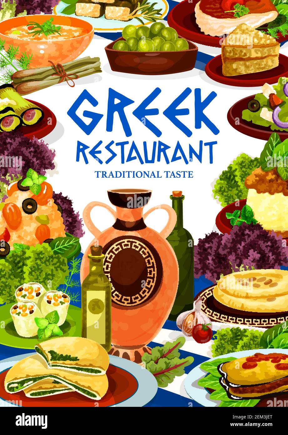 Greek restaurant menu cover of meat and seafood dishes with vegetables ...