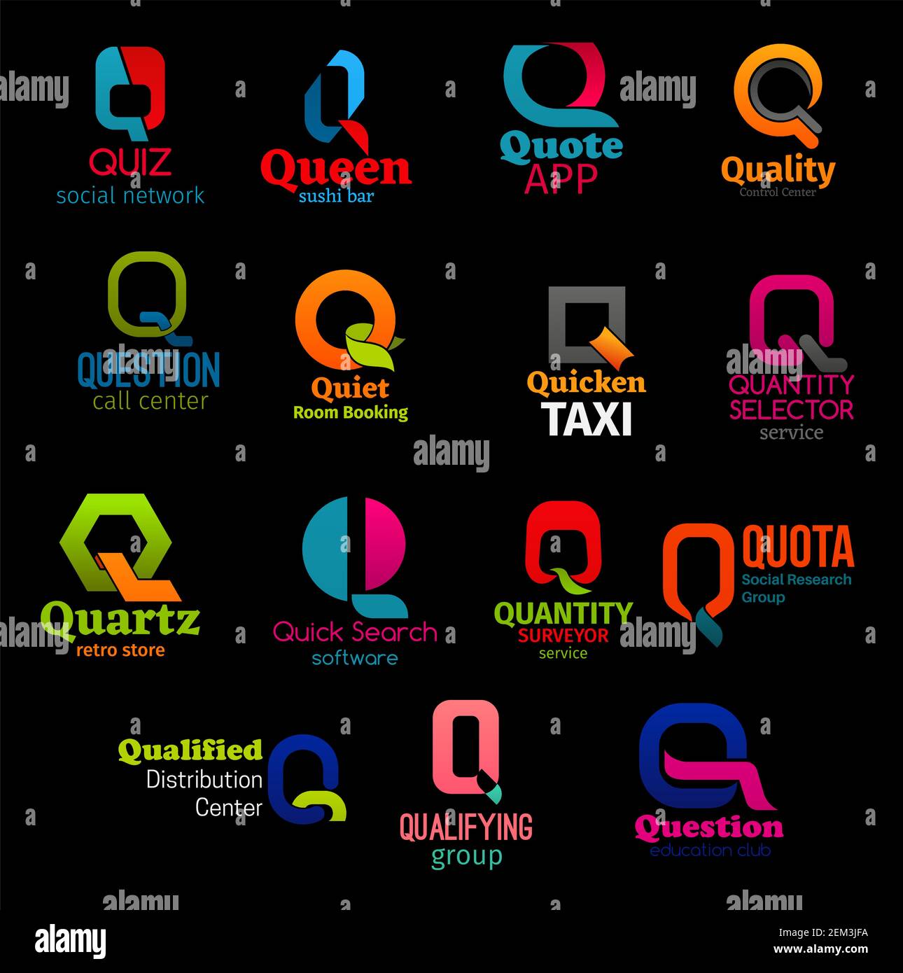 Q letter icons, taxi service or social network and education corporate ...
