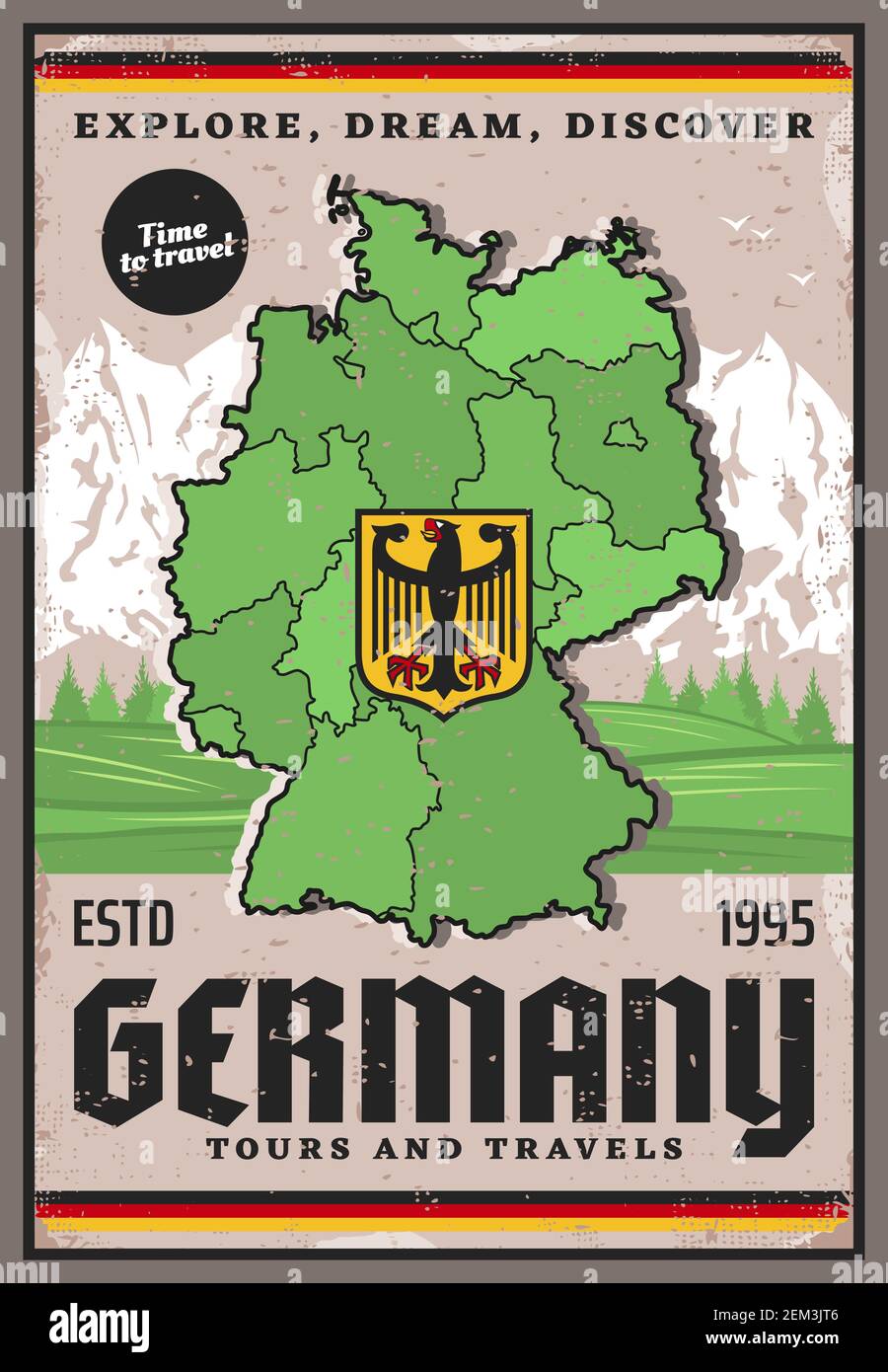 Germany travel retro poster of vector German map and coat of arms with ...