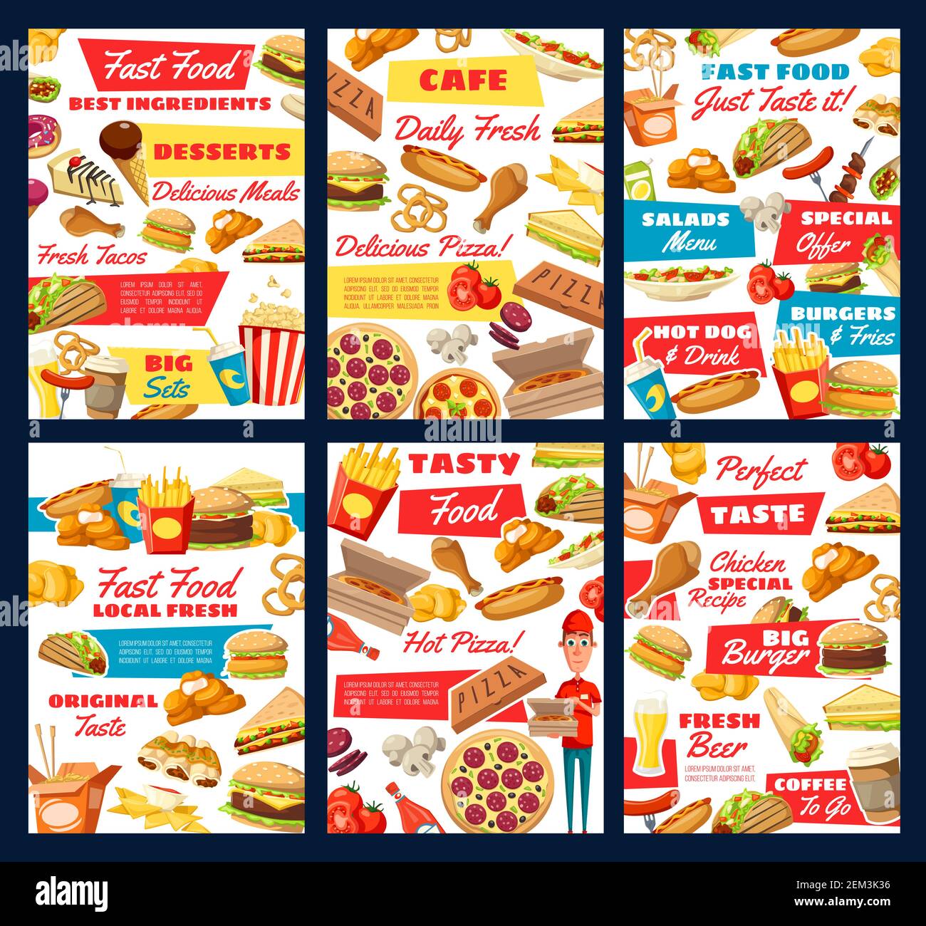 Fast food restaurant vector posters with takeaway meal, drink and ...
