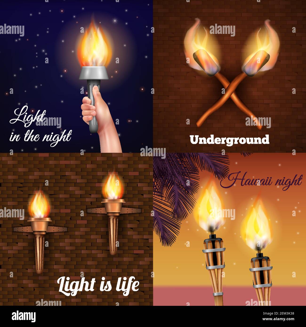Torch realistic 2x2 design concept with four colourful compositions of ...