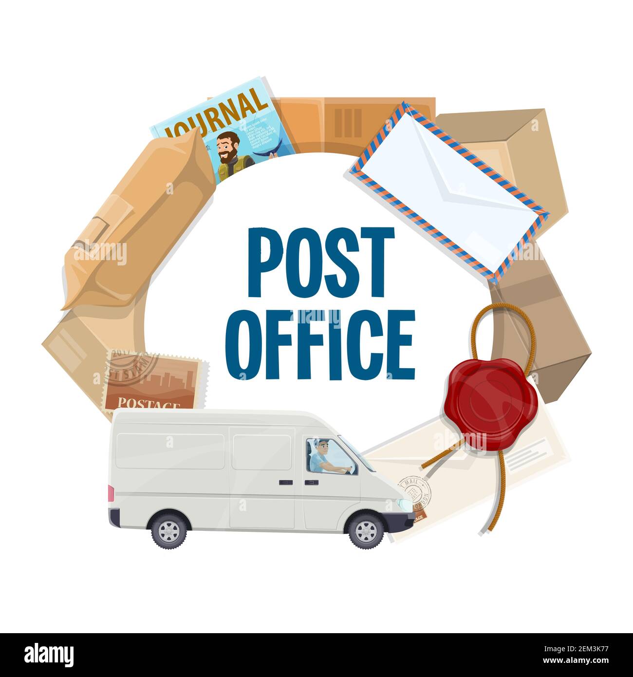 Post office vector icon with mail delivery truck, postal parcels, boxes ...