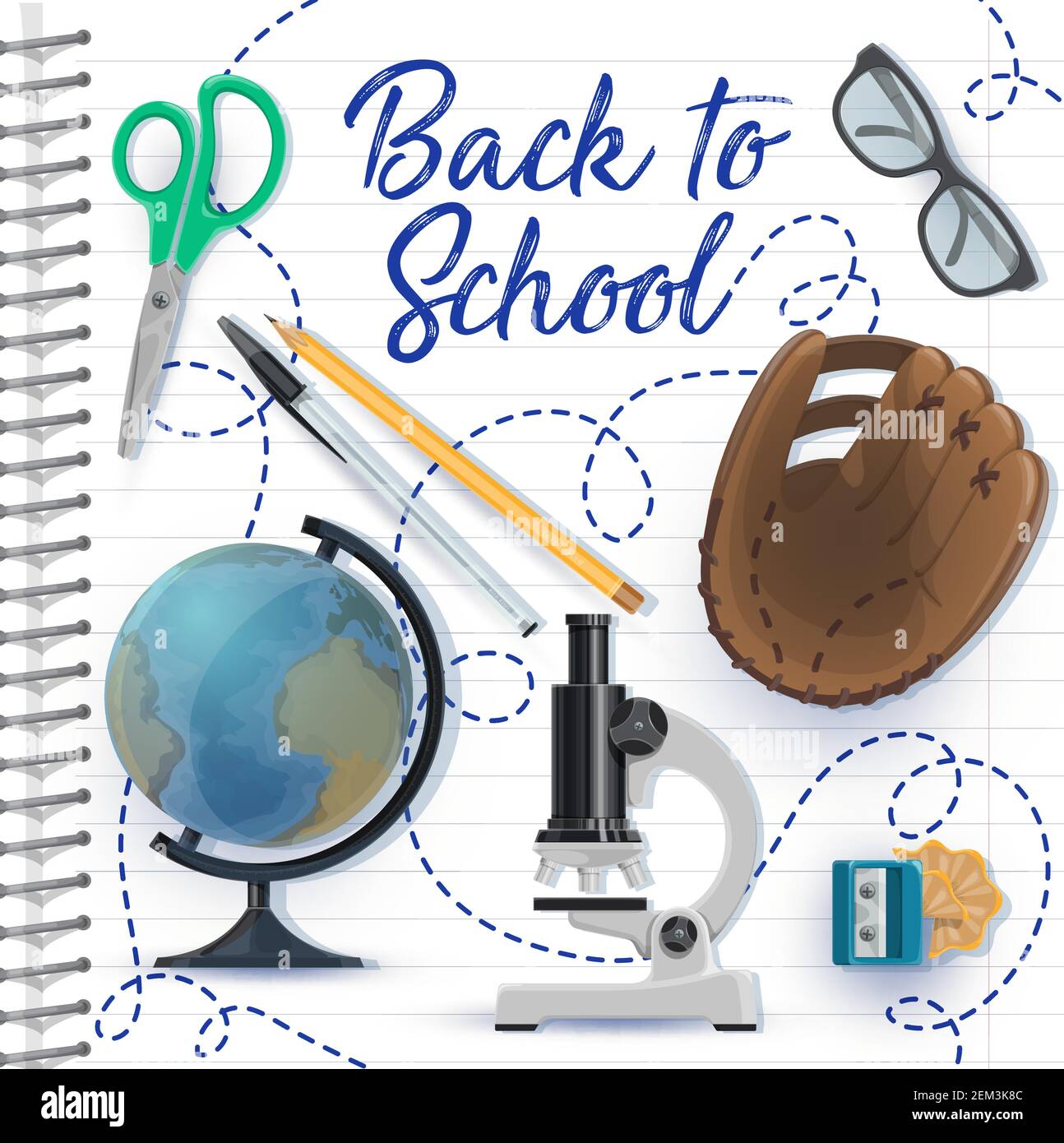 School supplies on notebook paper sheet background. Vector pencil, pen ...