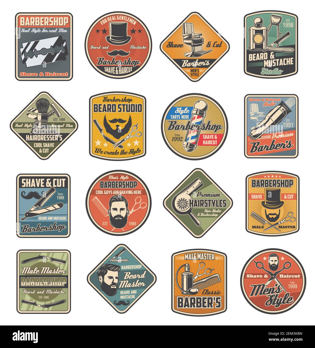 Barbershop retro labels of man hair cut, beard and mustache shaving ...