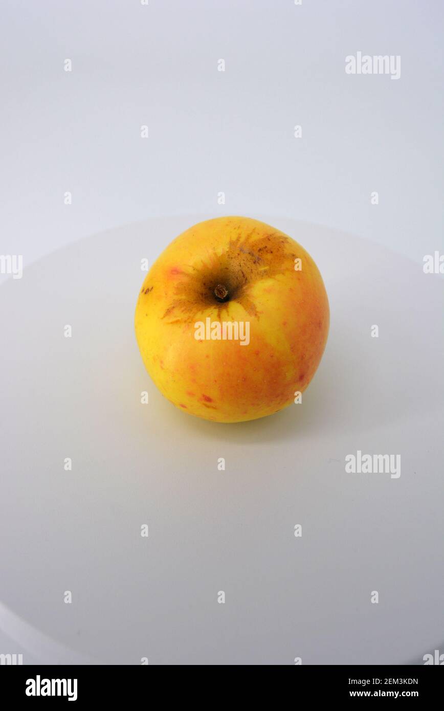 Little ripe yellow apple with red sideways located on a white ...