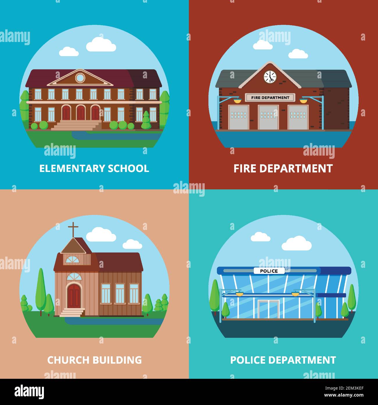 Municipal buildings flat 2x2 design concept with round compositions of ...