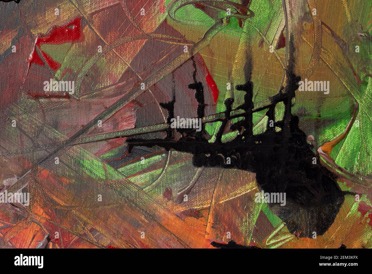 Layered abstract painting with overlapping applications of different ...