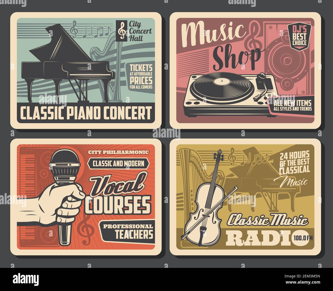 Music instruments retro posters, vocal school courses and classic music ...
