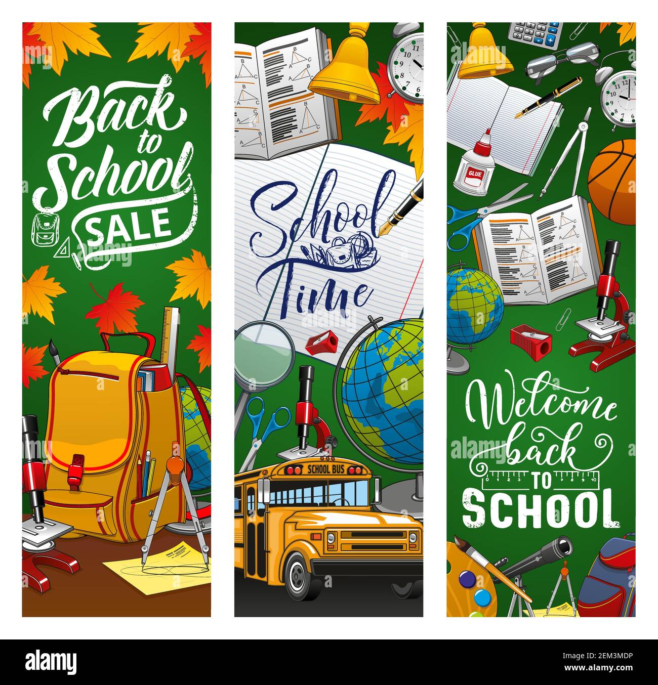 Back to school, student education supplies sale banners on green ...