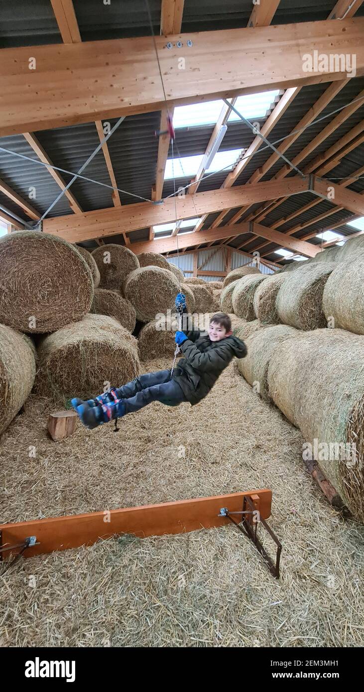 child seesawing between straw bales in a barn, Germany Stock Photo - Alamy