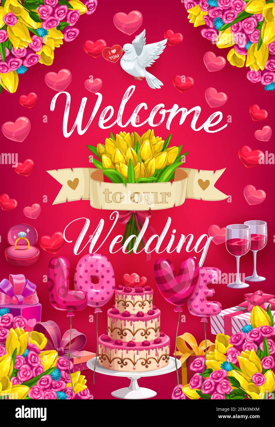 Welcome to our wedding, invitation on marriage party. Vector flower ...