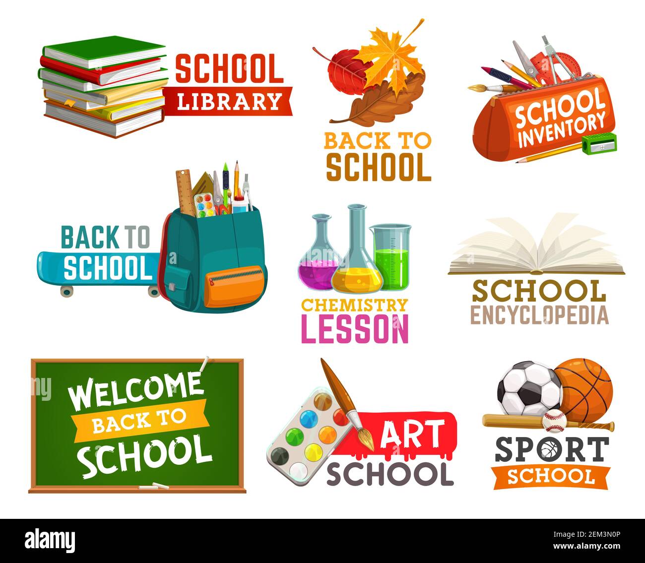 School library and inventory, chemistry lesson and encyclopedia. Vector ...