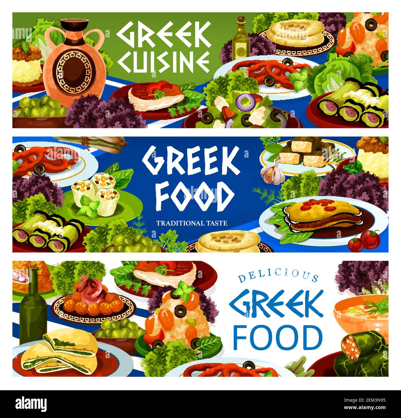 Greek food vector banners of olive salad with vegetables and feta ...