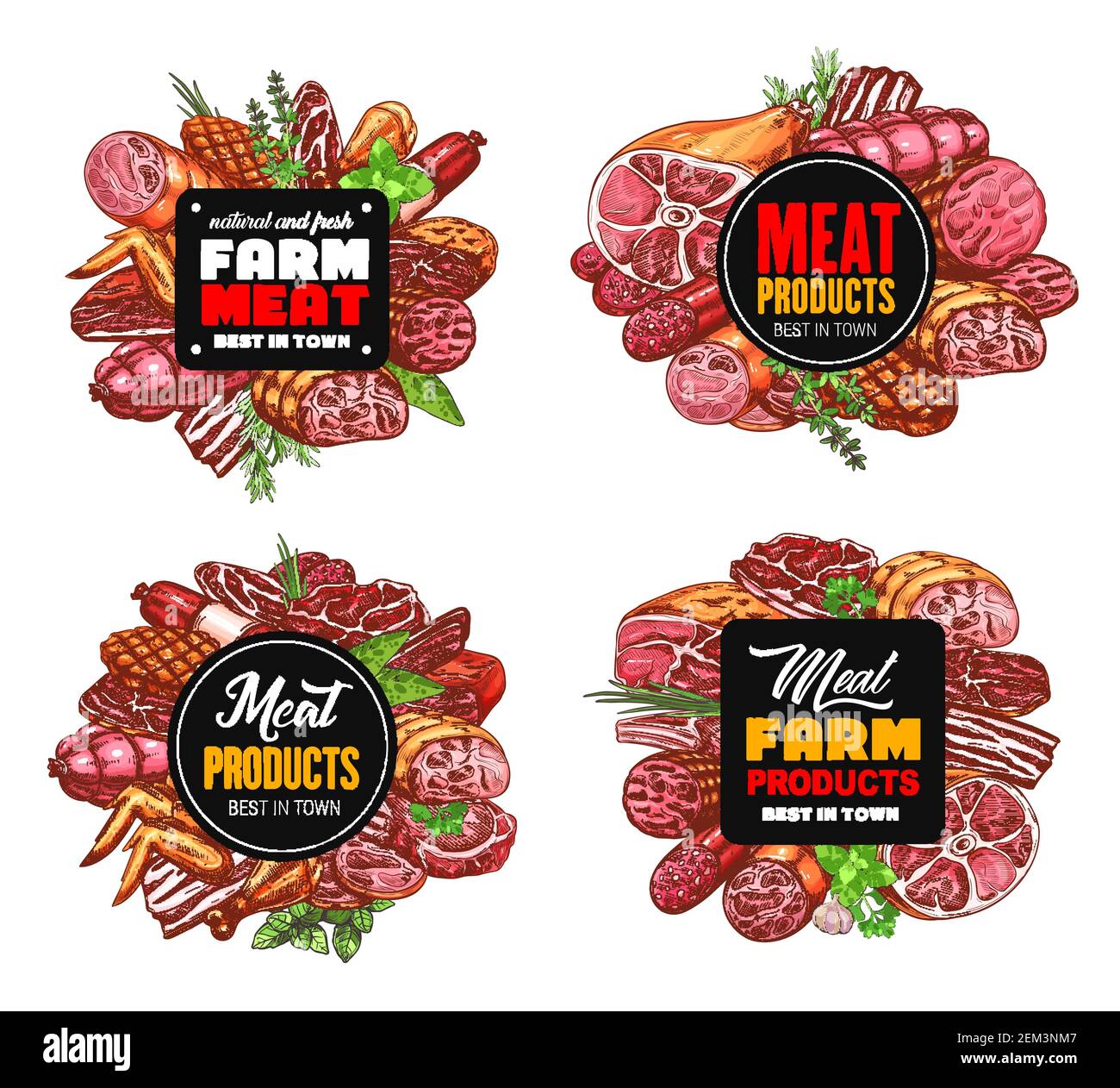 Meat products, butcher shop sketch pork, beef and sausages. Vector farm ...