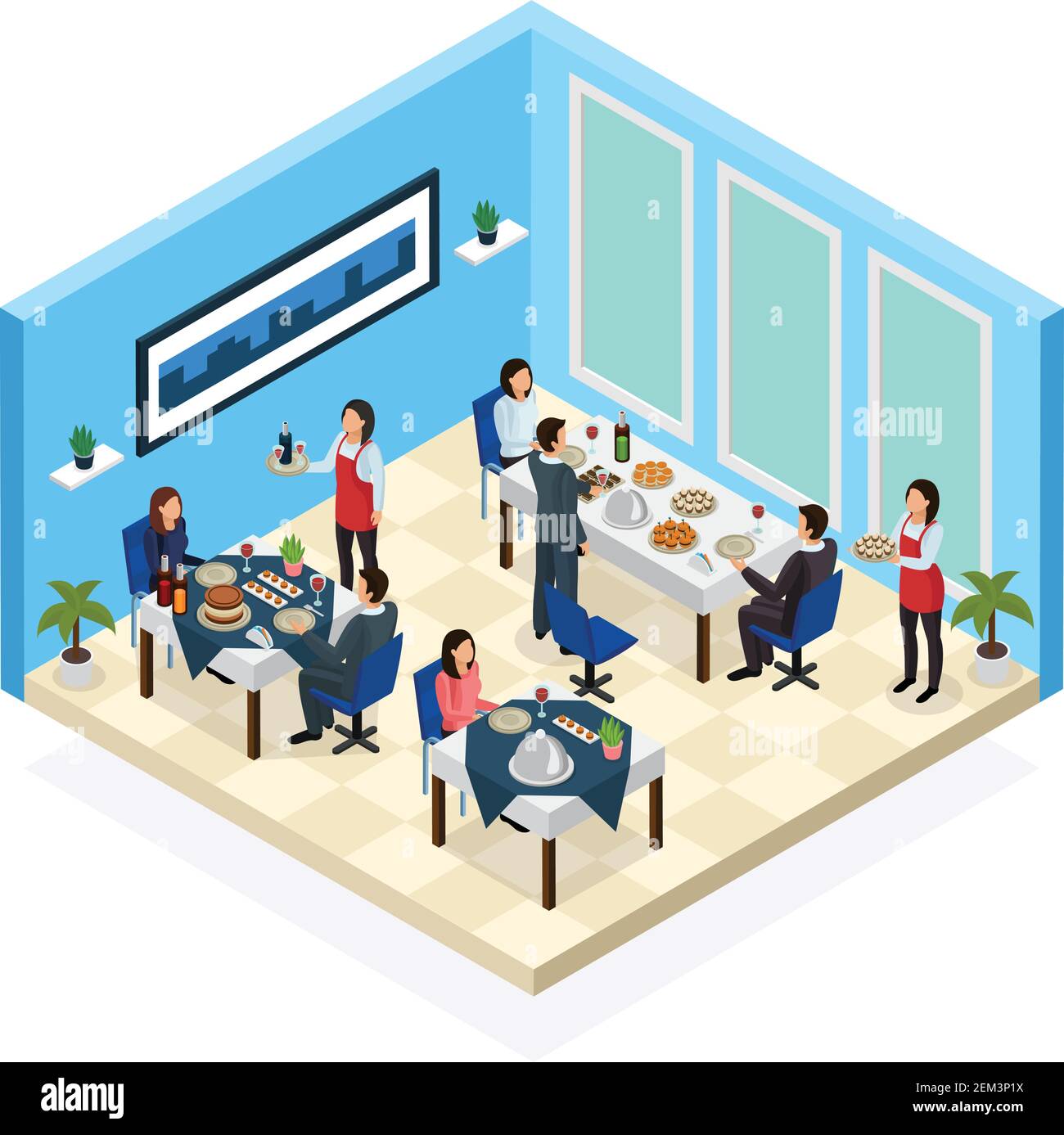 Restaurant service isometric composition with waitresses and clients at ...