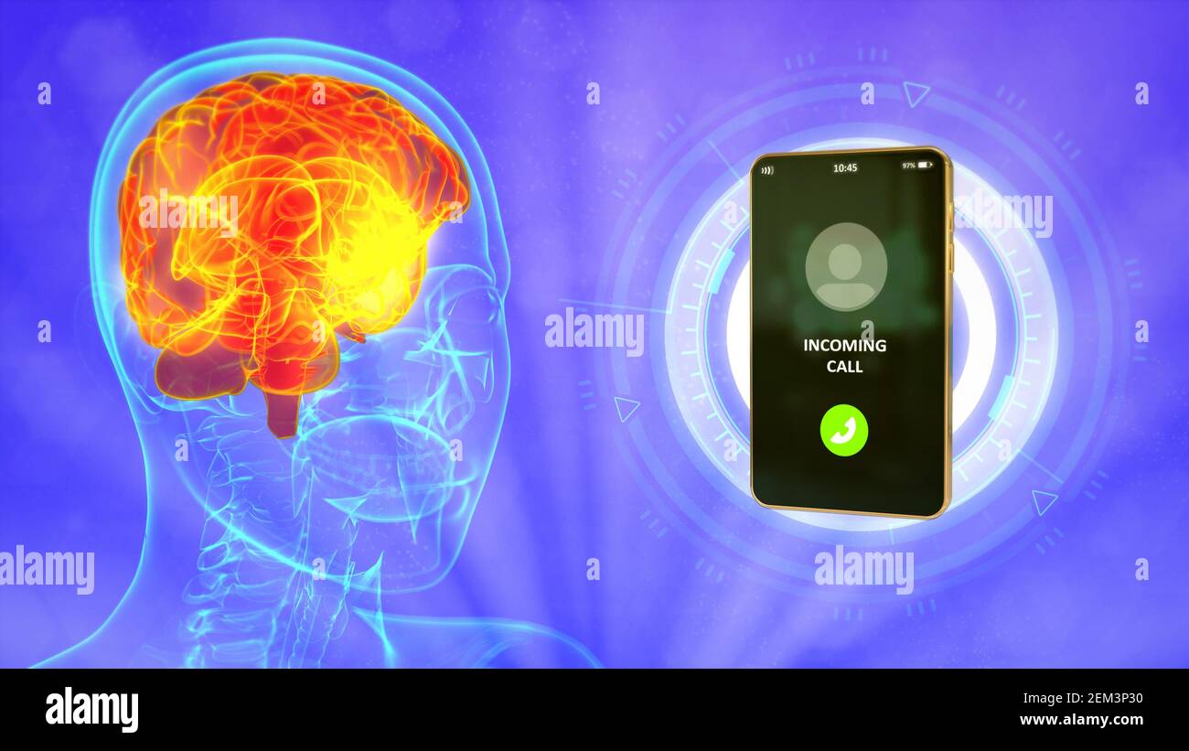rontgen human head image with calling mobile phone, brain danger by lte ...
