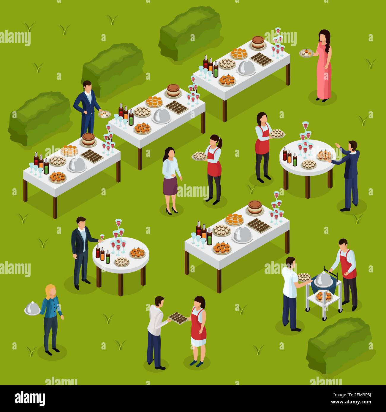 Catering isometric composition banquet at outdoor, feast tables, staff ...